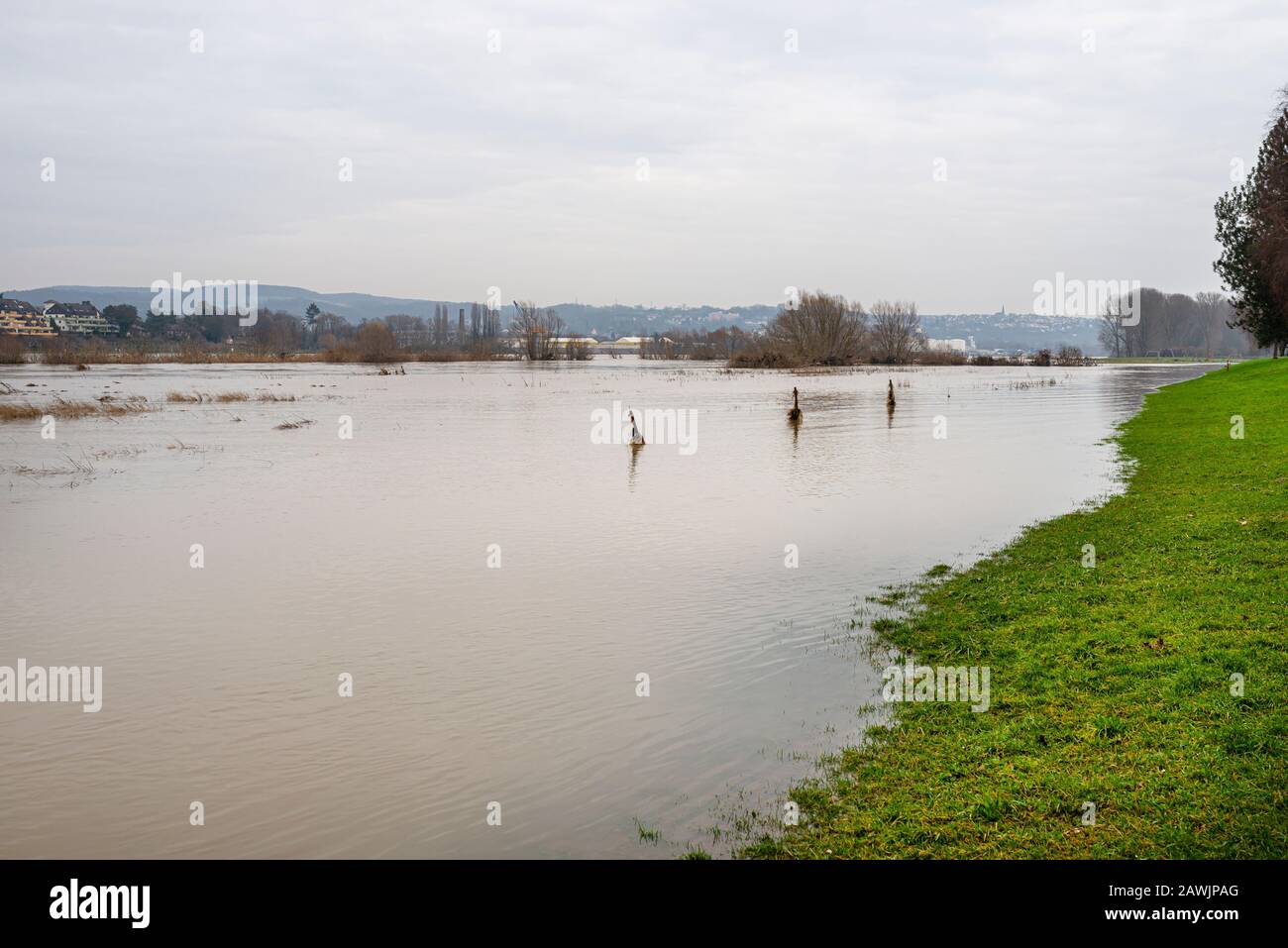 The high state of the Rhine in western Germany, water has risen from ...