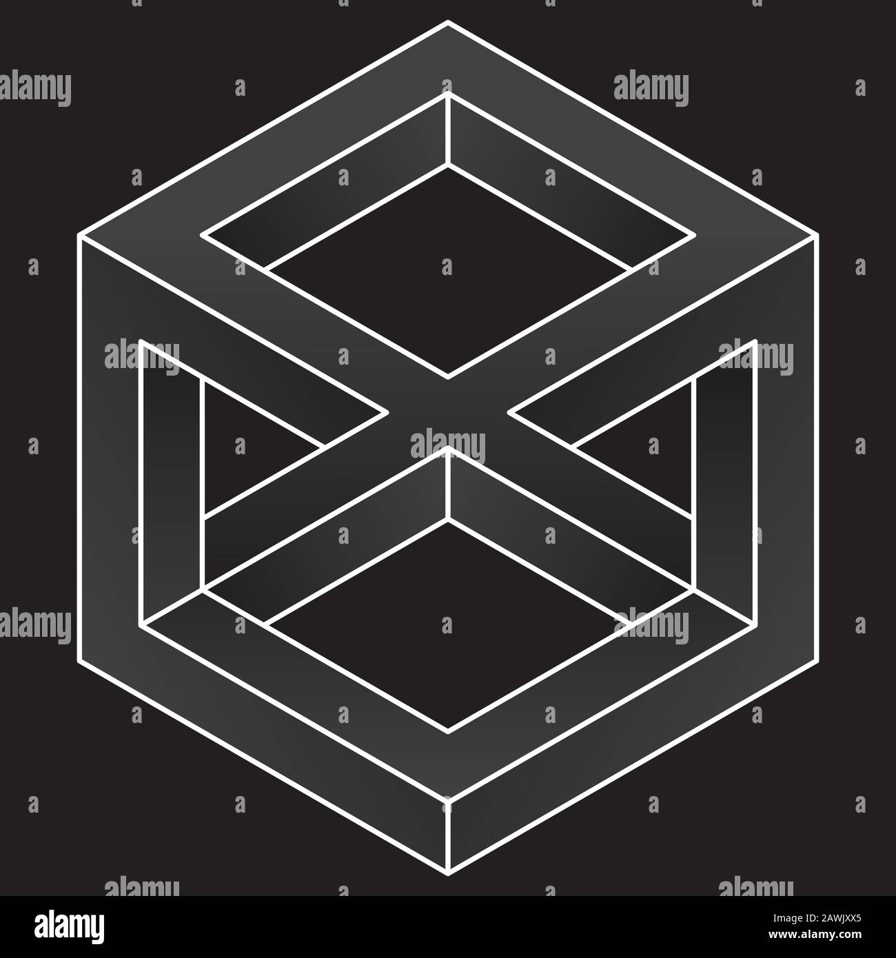 Impossible cube icon. White vector optical illusion shape on black ...