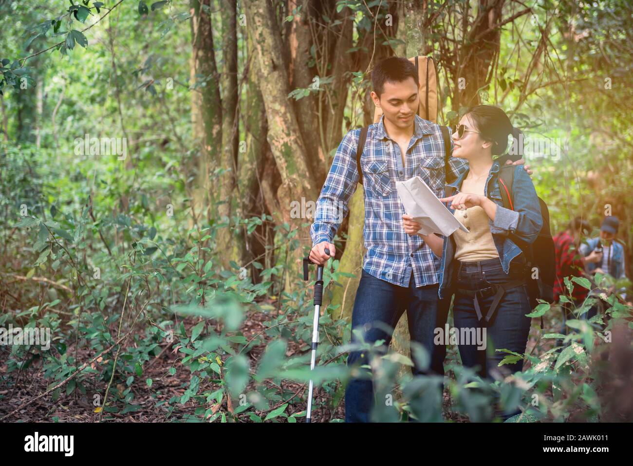 Hiking trail and trekking in the forest with friends. Walk Through ...