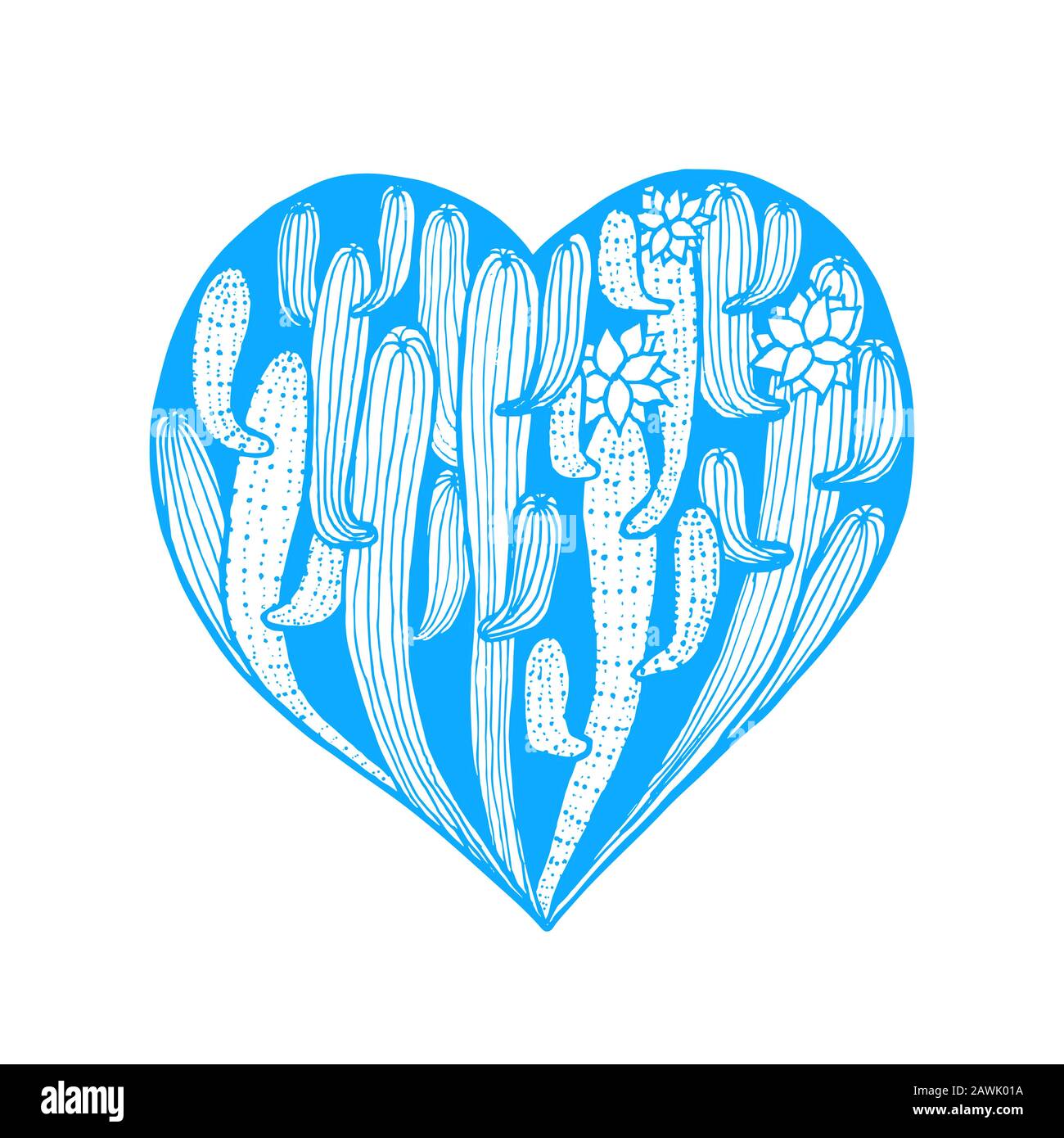 Vector hand dawn heart from blue cactus on white background. Card for ...