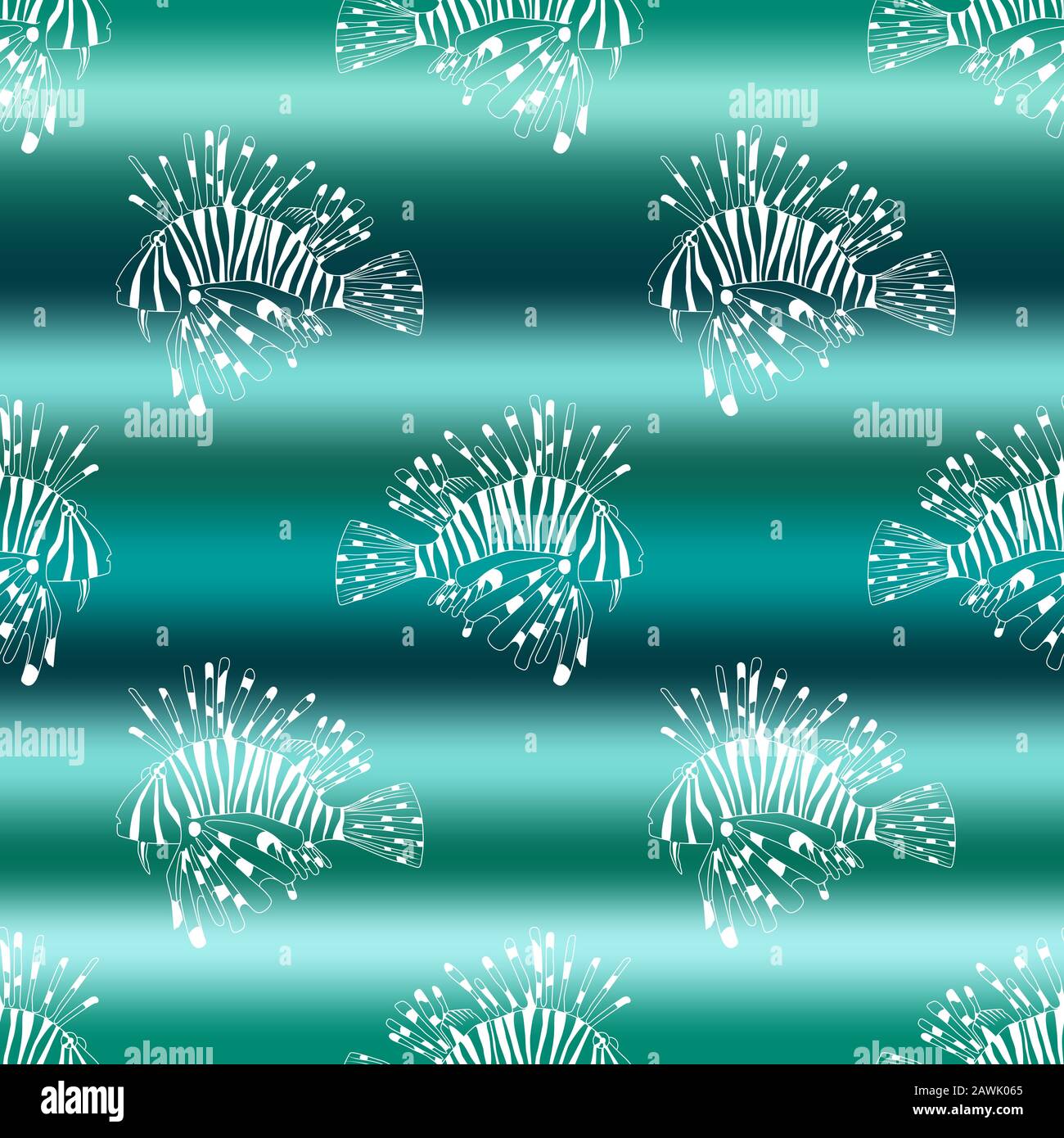 Vector illustration of marine seamless pattern. White sketch lion fish ...