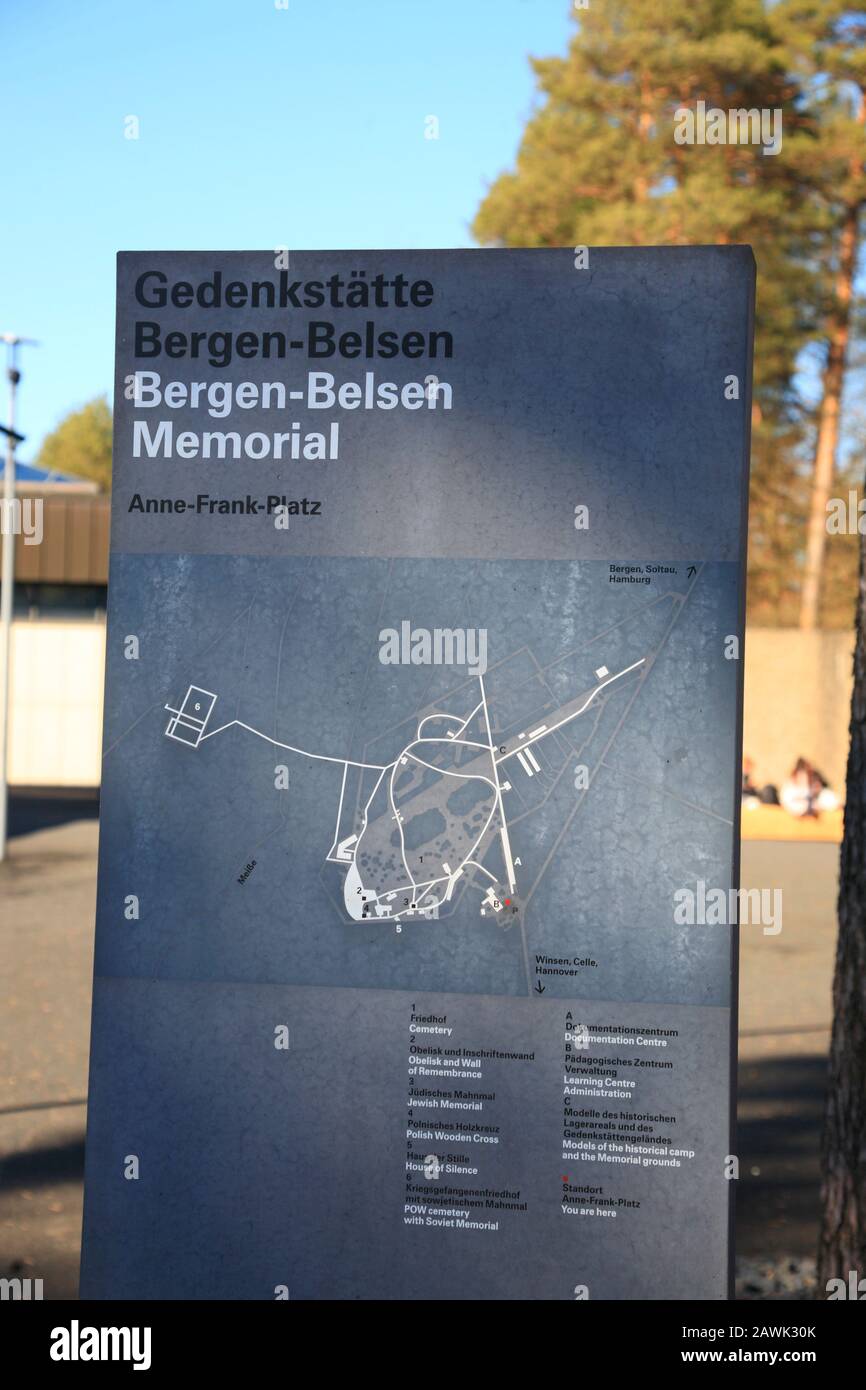 Sign at Bergen-Belsen concentration camp memorial, Lower Saxony ...
