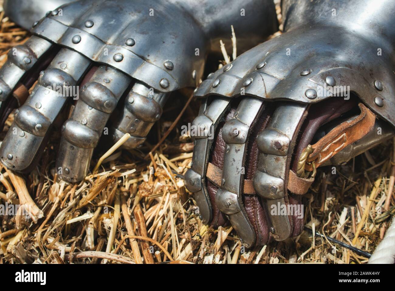 Close-up of a pair of knight's medieval gauntlets, part of a suit of ...