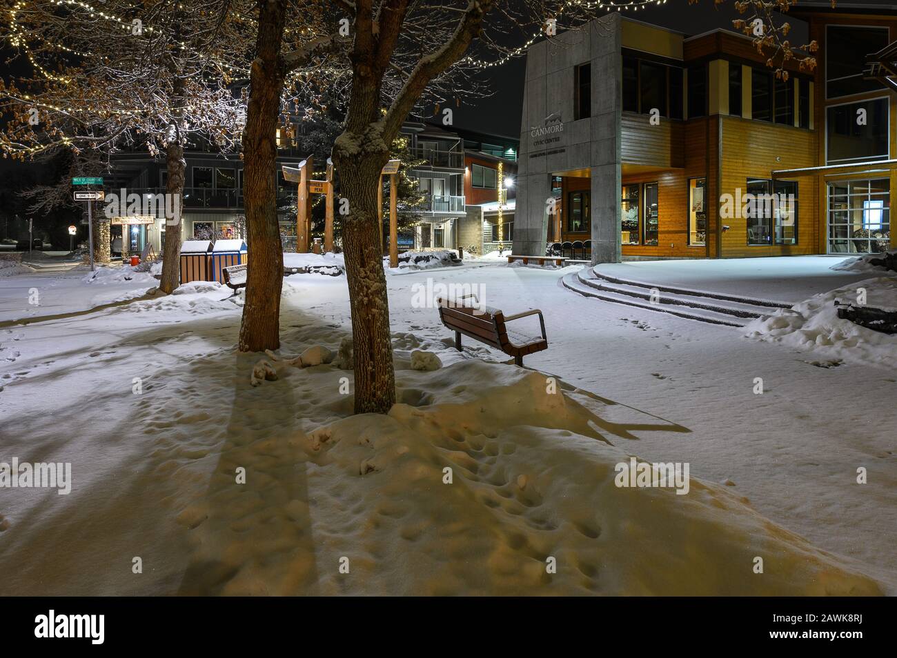 Canmore, Alberta, Canada – February 08, 2020: Night view of the Canmore ...