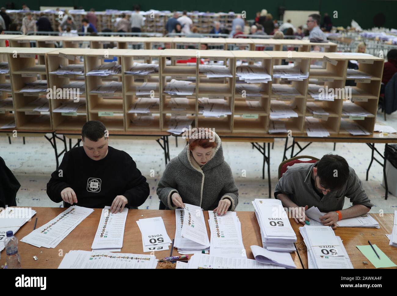 Counting staff during the Irish General Election count at the Nemo ...