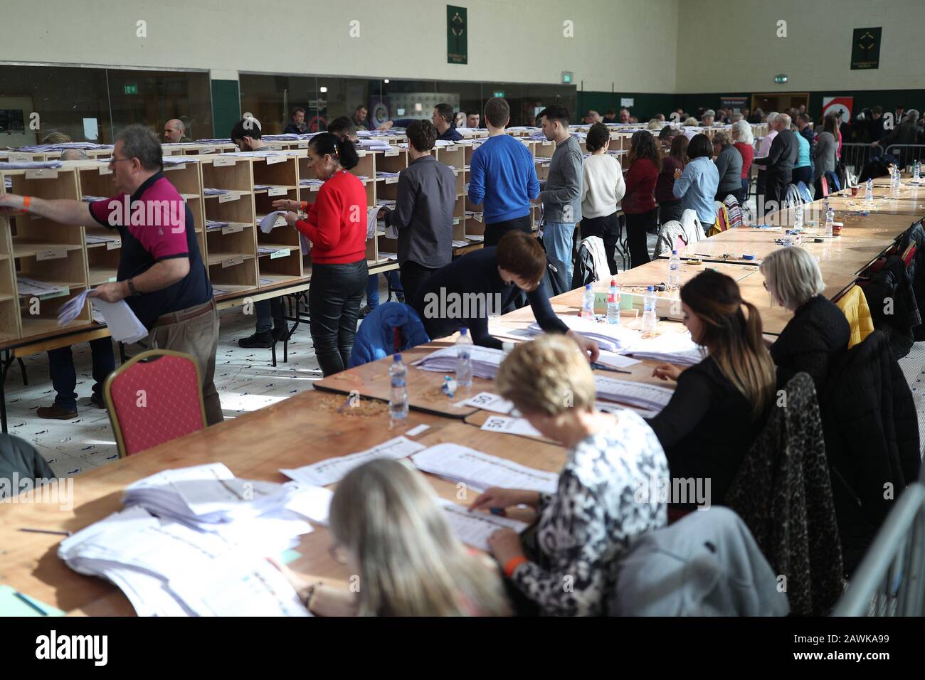 Counting staff during the Irish General Election count at the Nemo ...