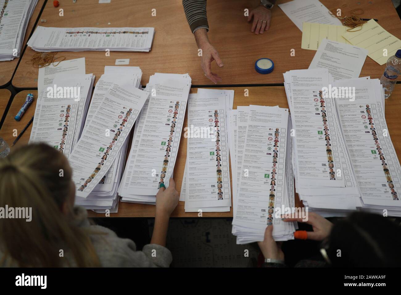 Counting staff during the Irish General Election count at the Nemo ...