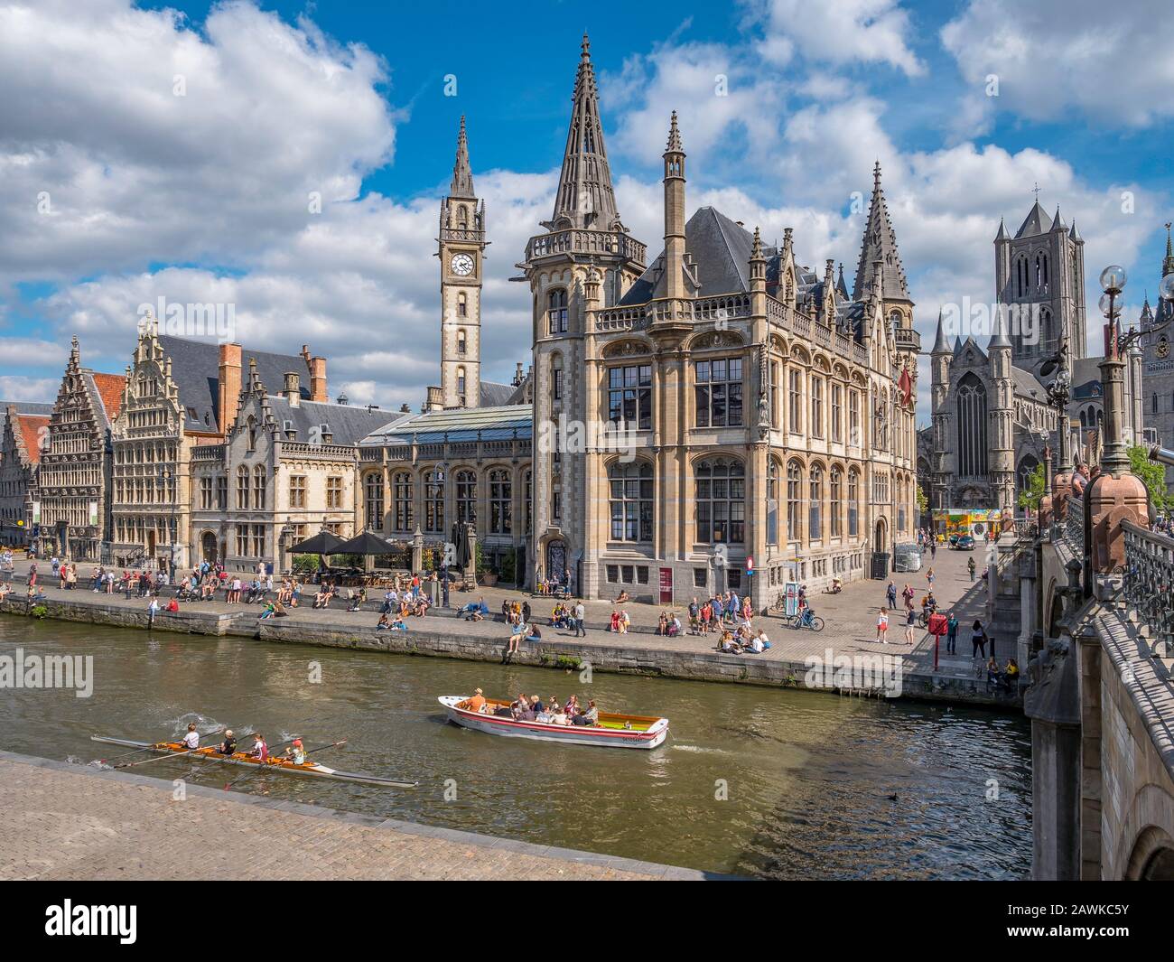 Ghent, Belgium,circa August 2019. People in the Graslei, quay in the ...