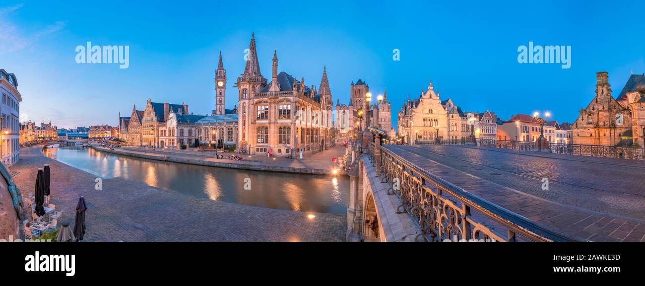 Panoramic view of the Graslei, quay in the promenade next to river Lys ...