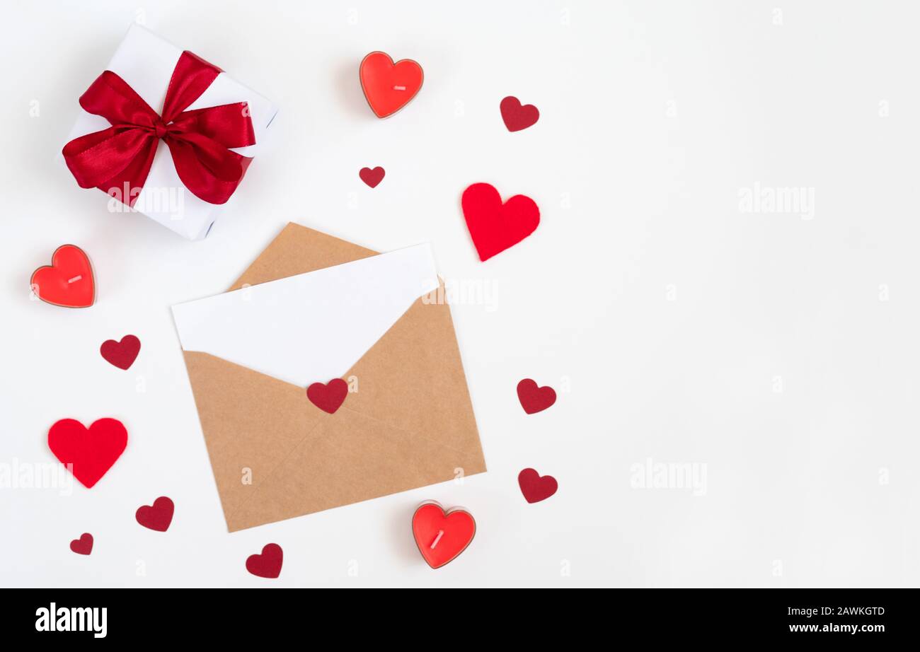 Valentines day composition. Greeting card with hearts, candles, gift ...