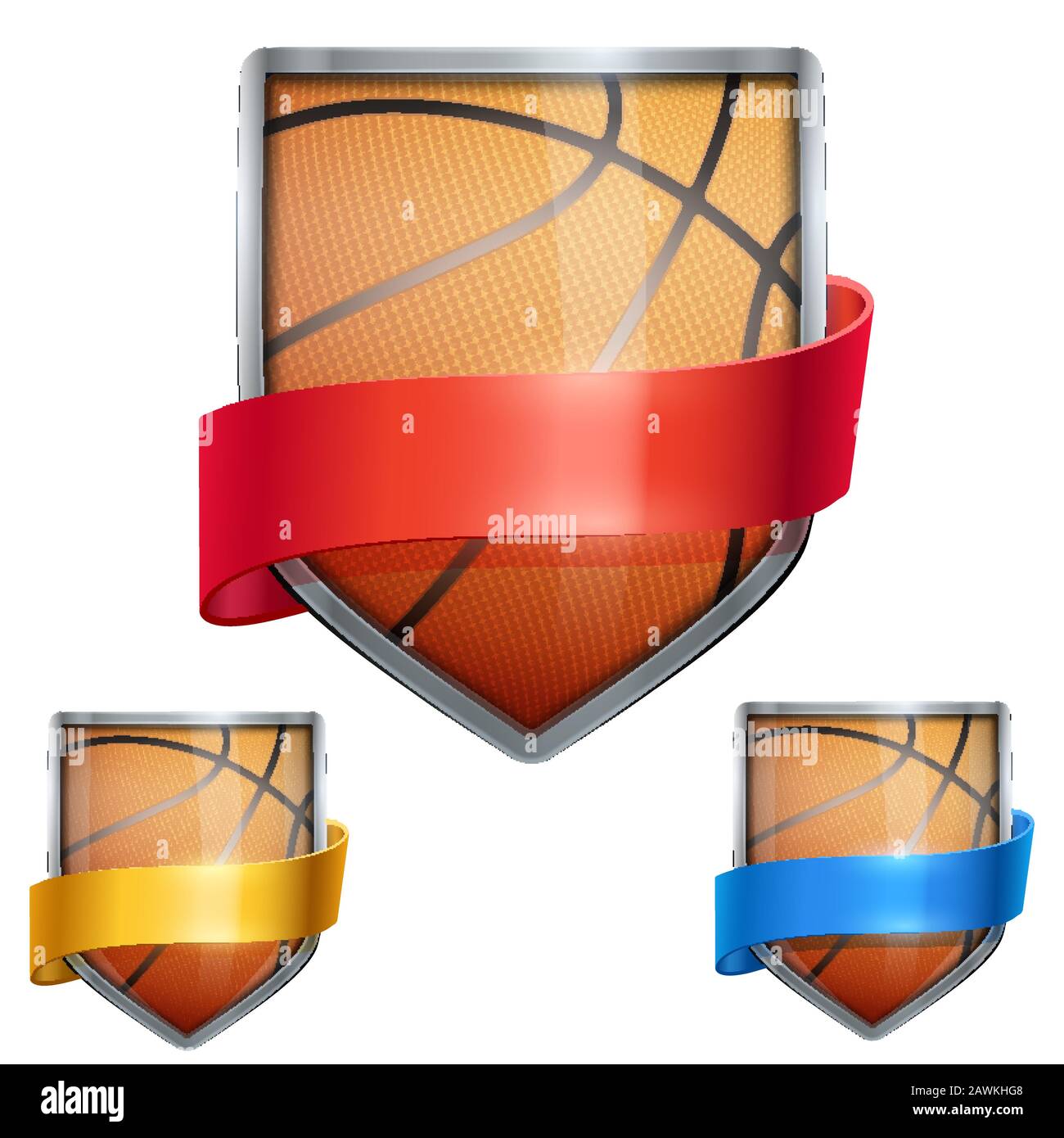 Set of Bright shield in the basketball ball inside with ribbons. Vector ...