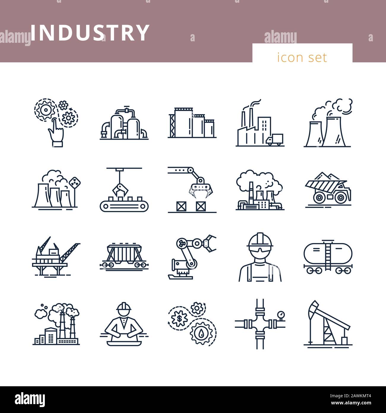 A large vector set of industry icons and production in a linear style ...