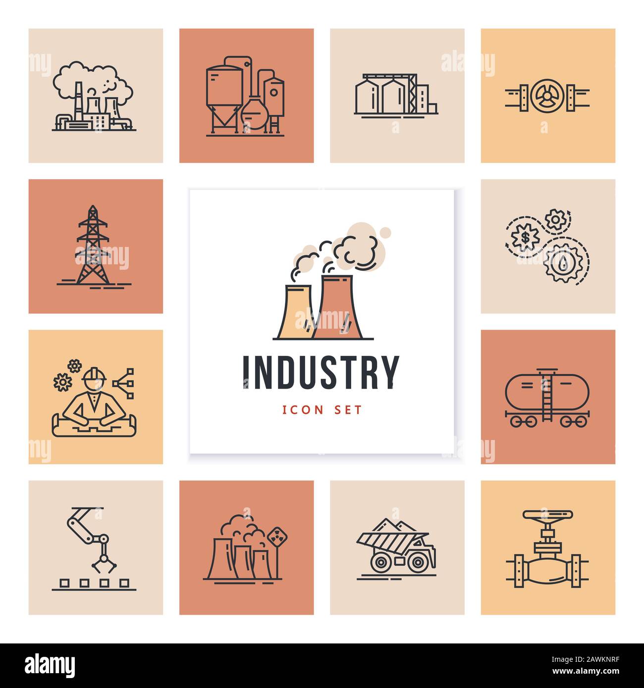 A large vector set of industry icons and production in a linear style ...