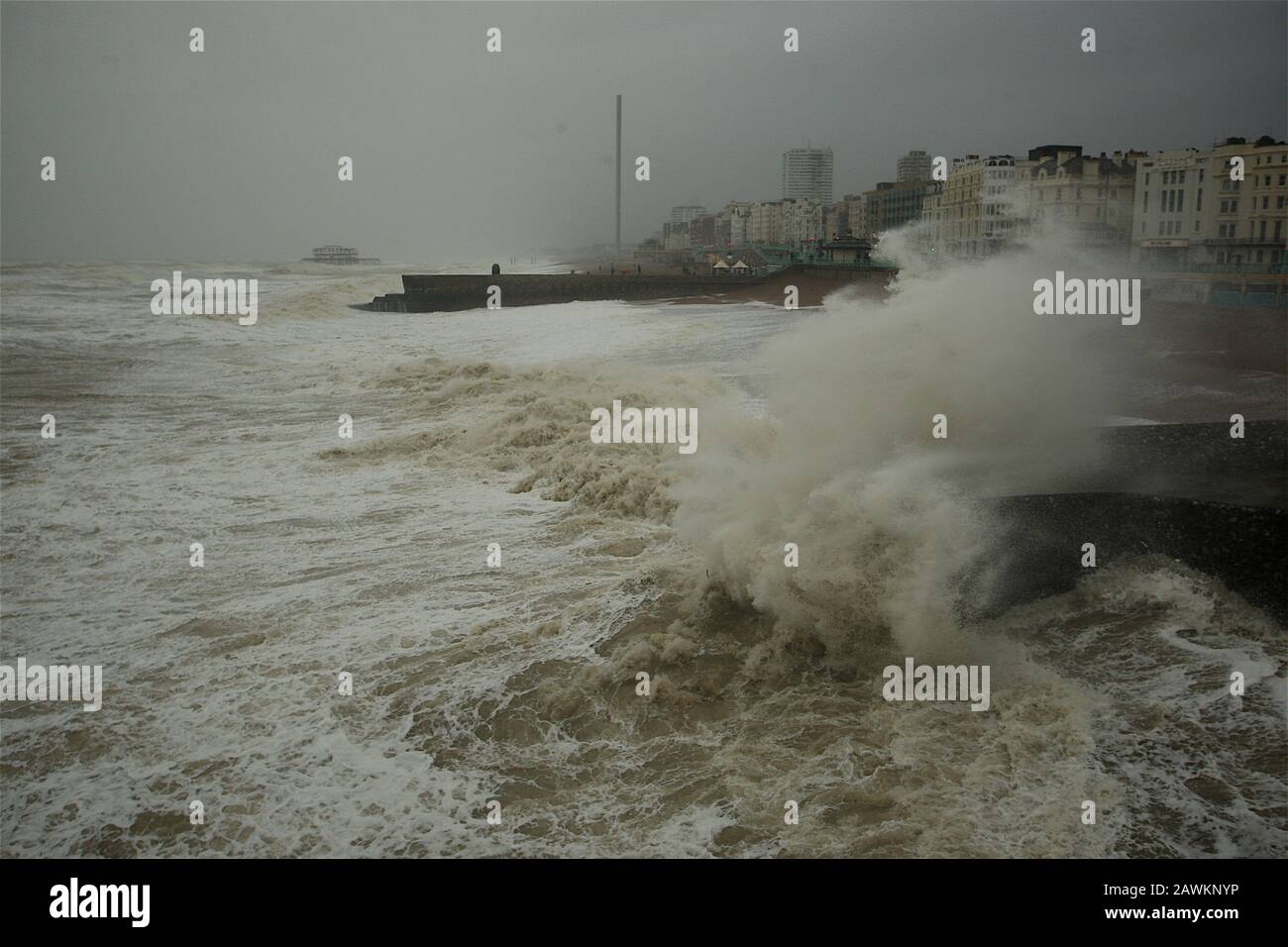 Brighton , UK, 09th February 2020 Storm Ciara and the waves off ...