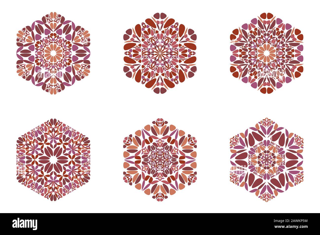 Isolated ornate colorful flower hexagon shape set - abstract ...