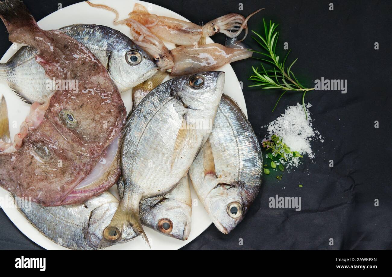 mixed raw fresh fish for the preparation of soup, Sea bream, scorpion ...