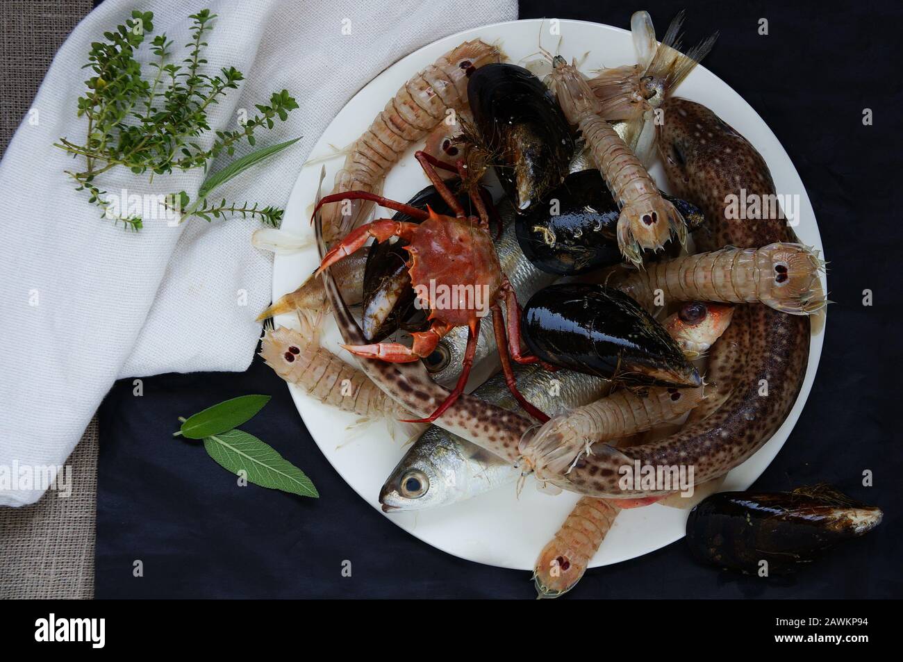 mixed raw fresh fish for the preparation of soup, Sea bream, scorpion ...