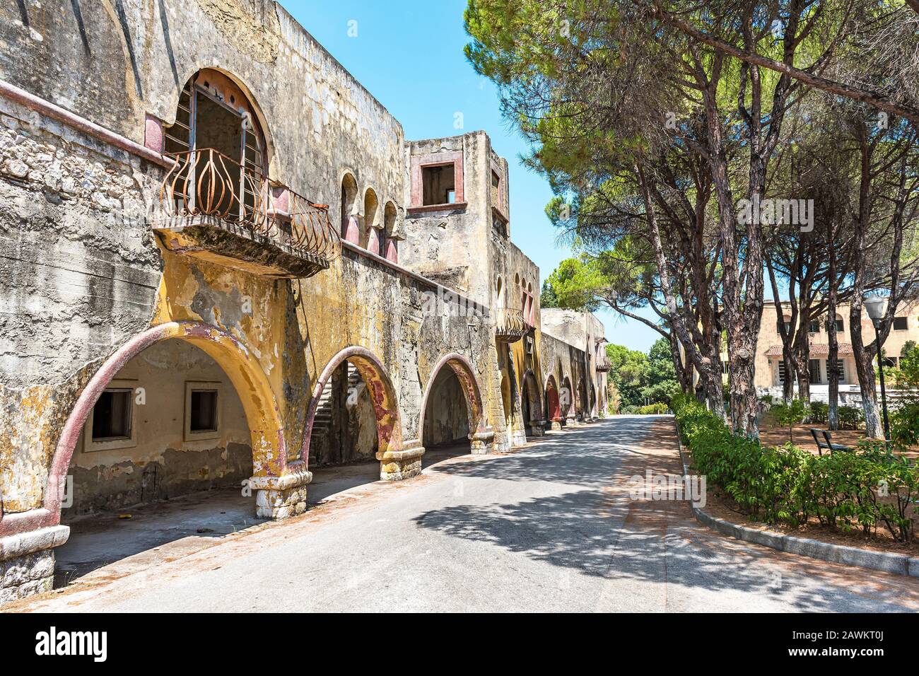 Deserted building of sanatorium in Italian village of Eleousa (Rhodes ...