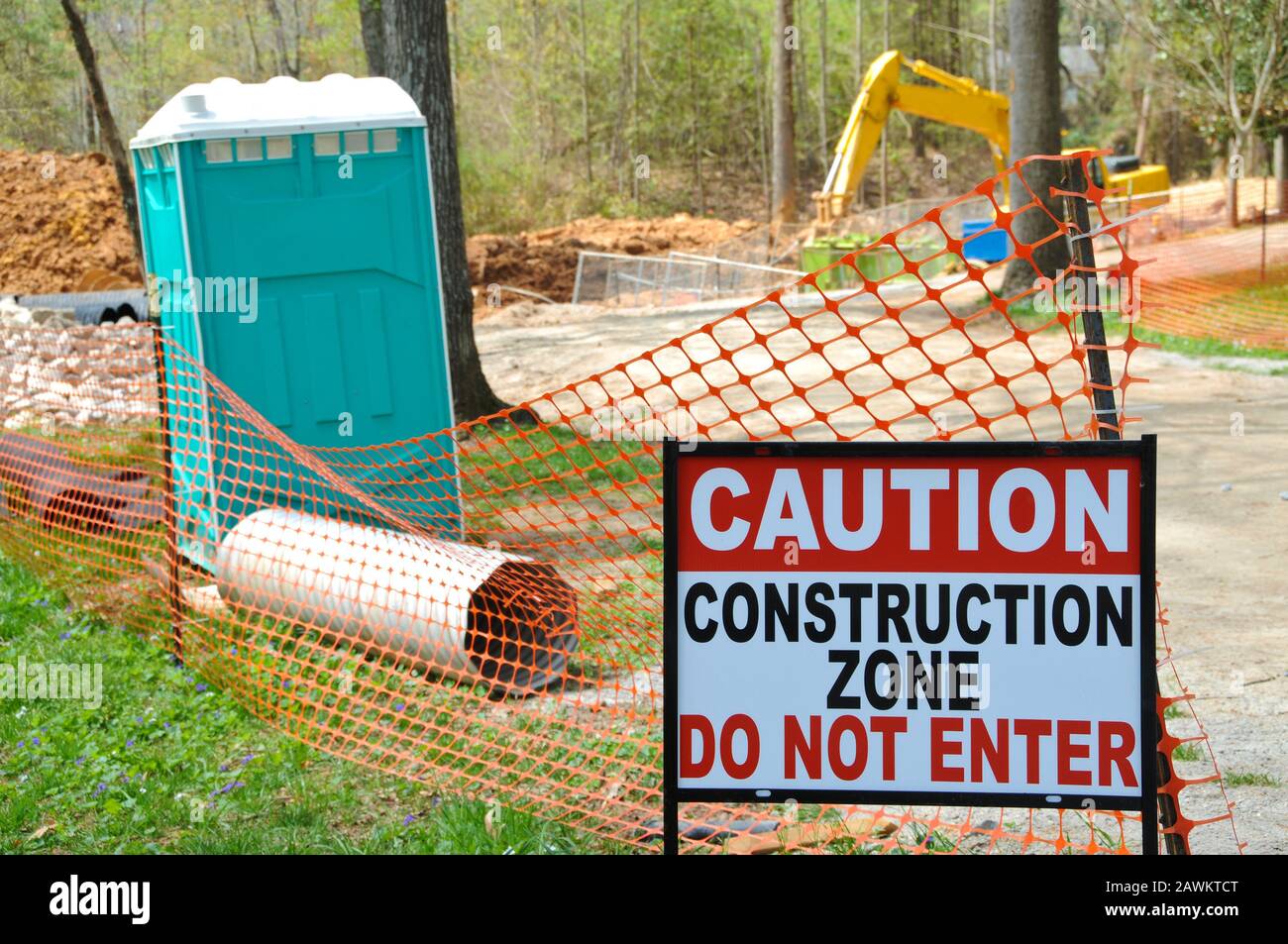 Caution - Construction Zone Sign in Front of Industrial Worksite Stock ...