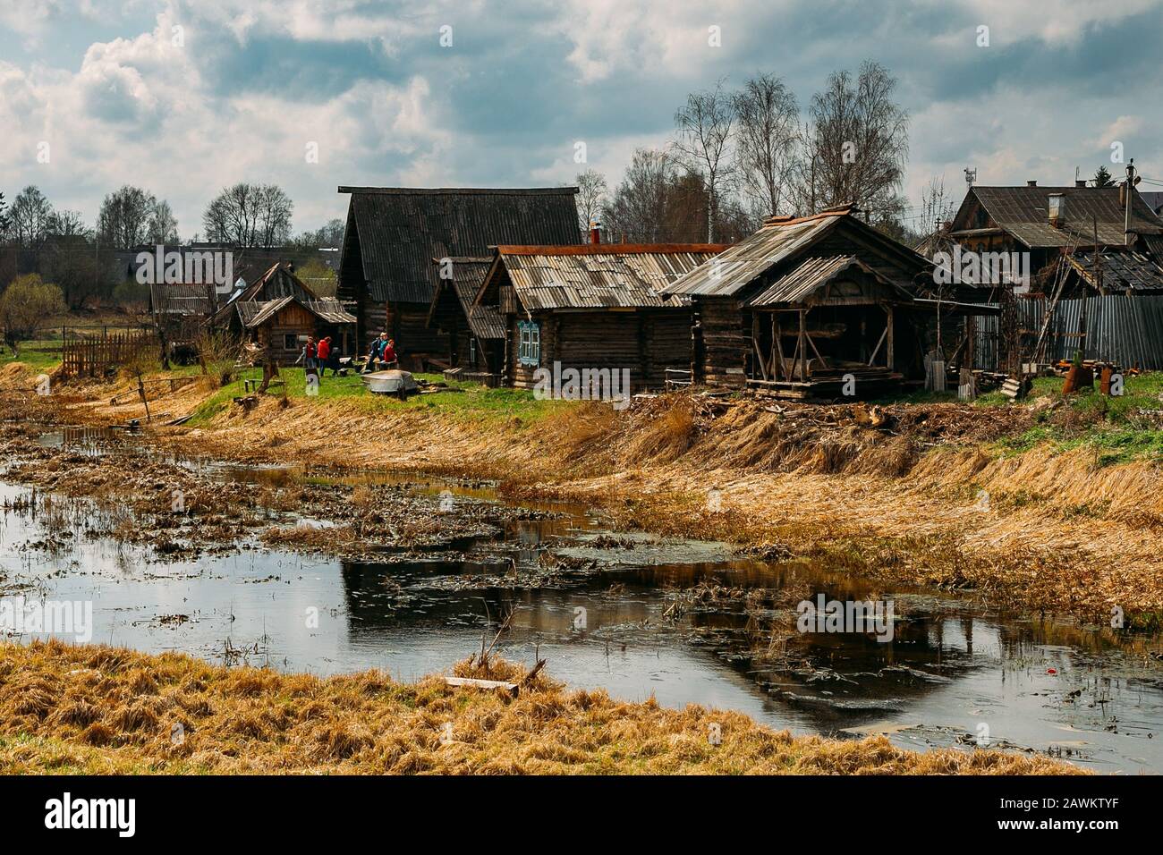 Old russian village in the marshland. Wooden houses Stock Photo - Alamy
