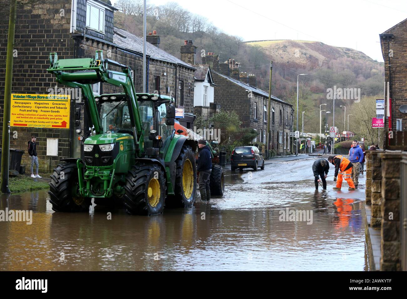 Marsden, UK. 9th February, 2020. Storm Ciara leaves a trail of damage ...