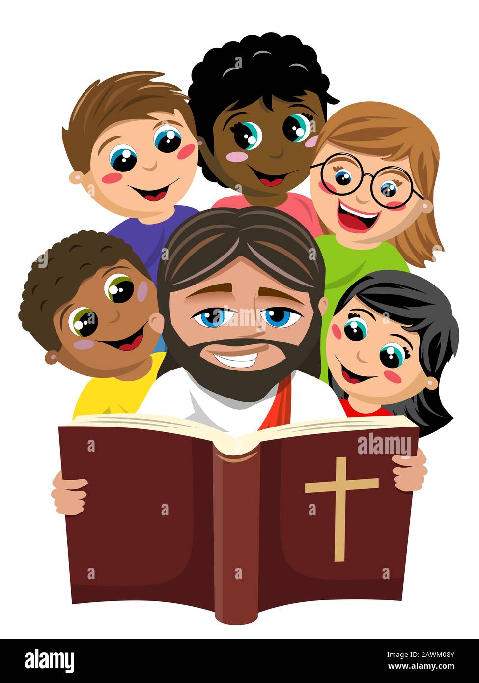 Group of multicultural happy kids surrounding jesus christ reading holy ...