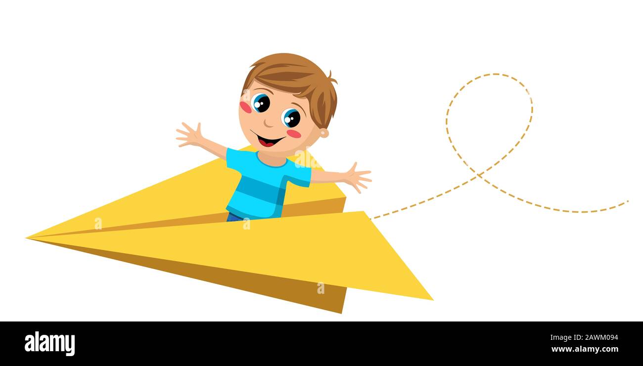 happy boy kid enjoying flying on paper airplane isolated on white Stock ...