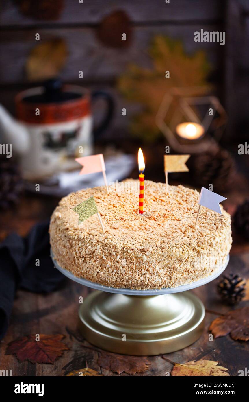 Delicious homemade millefeuille cake (Napoleon) on rustic background ...