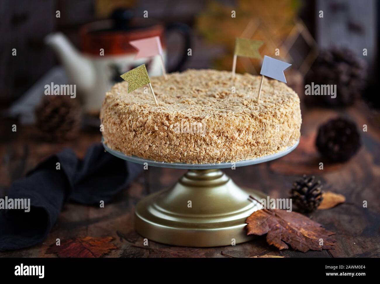 Delicious homemade millefeuille cake (Napoleon) on rustic background ...