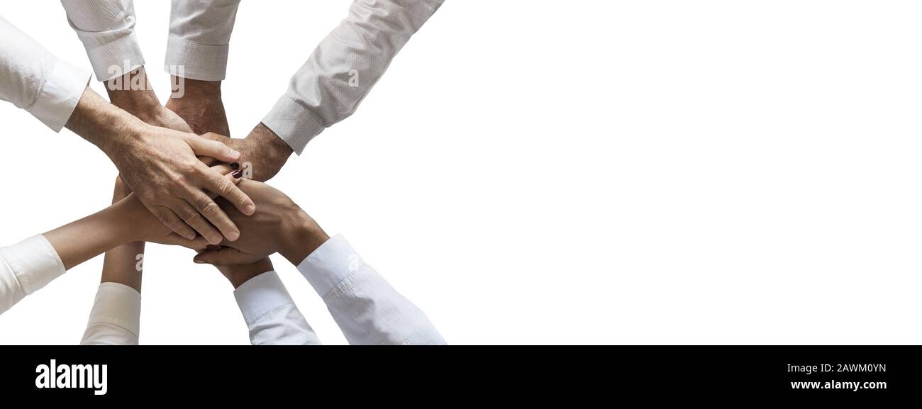 stack of hands showing unity and teamwork isolated on white Stock Photo ...