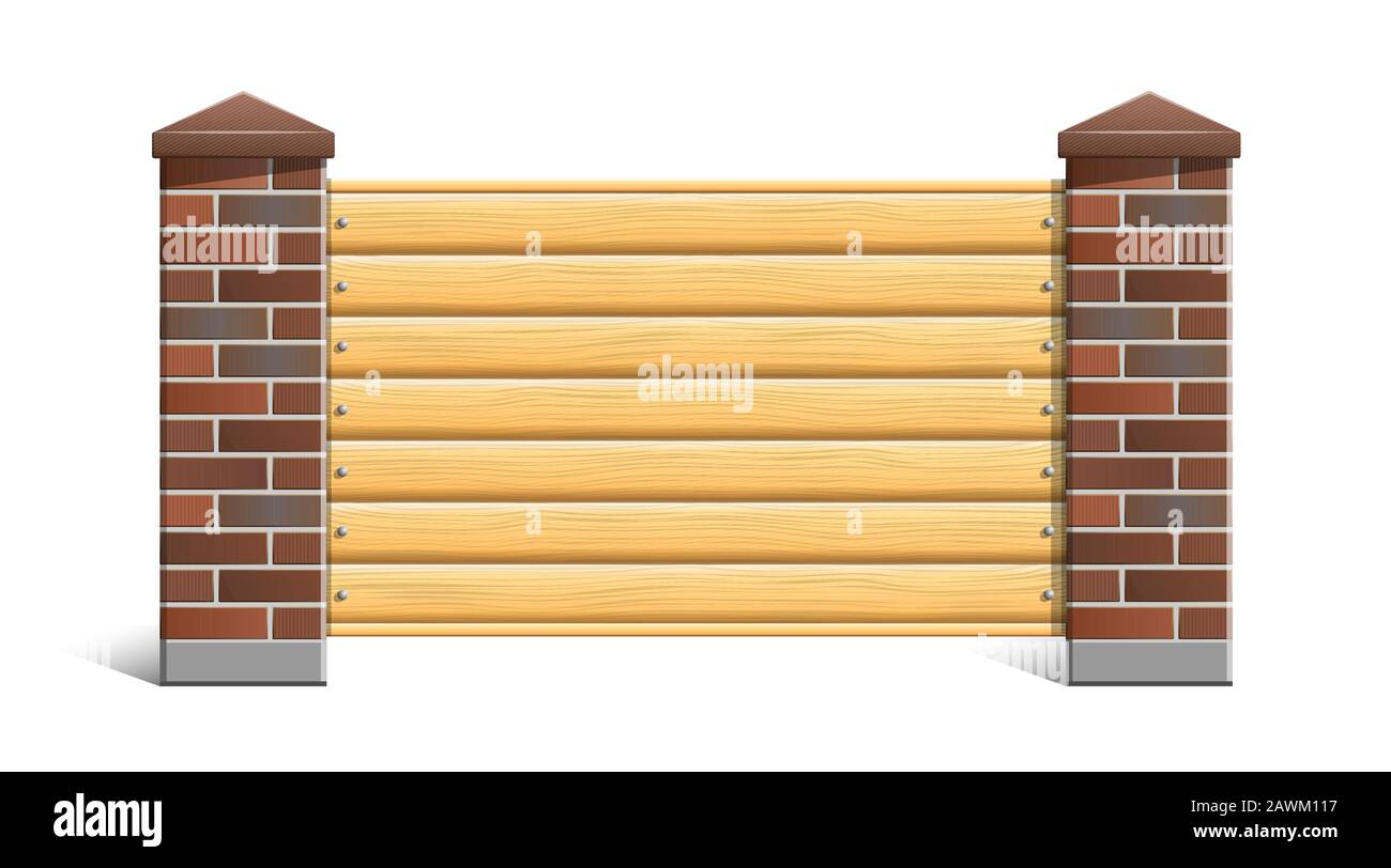 Fence with brick pillars and wood. Vector eps10 Stock Vector Image ...