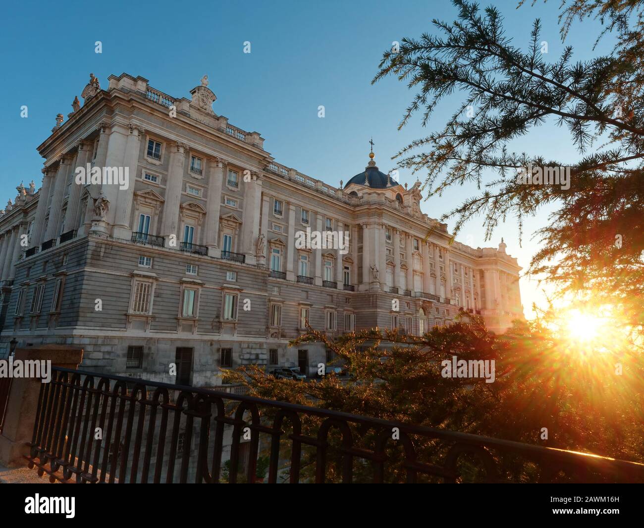 Exterior view of Palacio Real (Real Building) in Madrid Spain at sunset ...