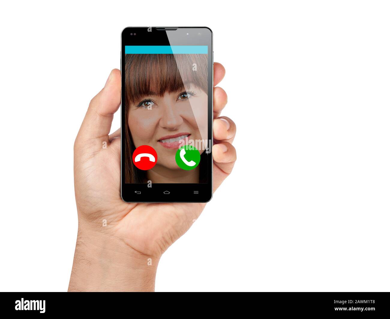 Closeup hand holding smartphone or mobile incoming call isolated on ...