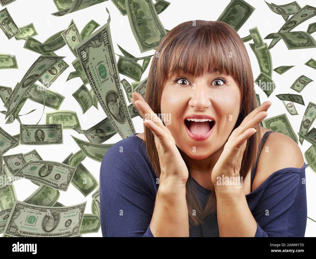 Happy woman exulting under rain of money usa dollars isolated on white ...