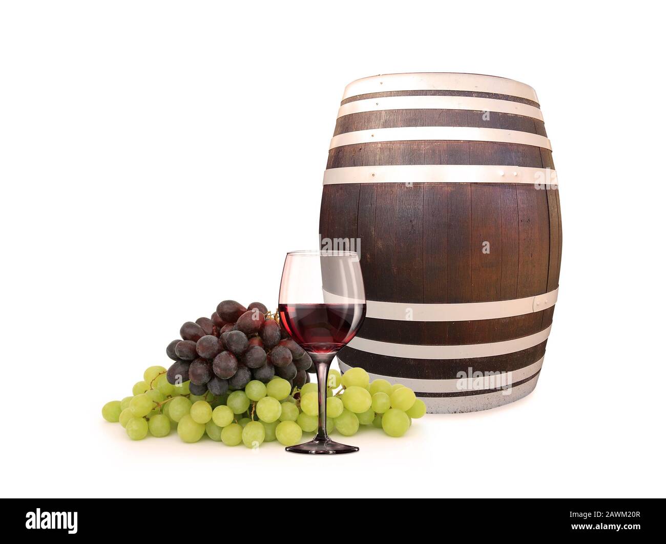 Red Wine Glass Barrel Grapes on white background Stock Photo - Alamy