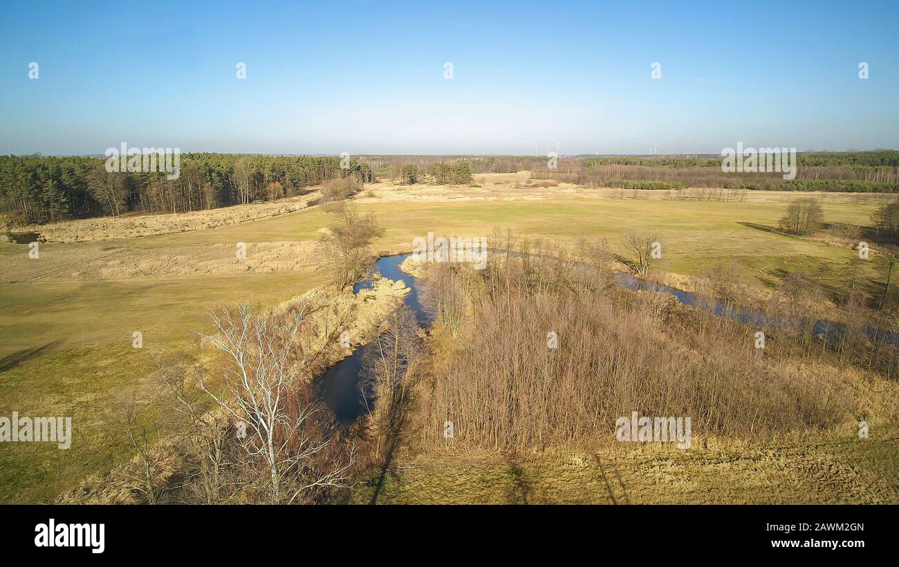 Landscape from a drone showing the river Grabia, Poland – 2020 Stock ...