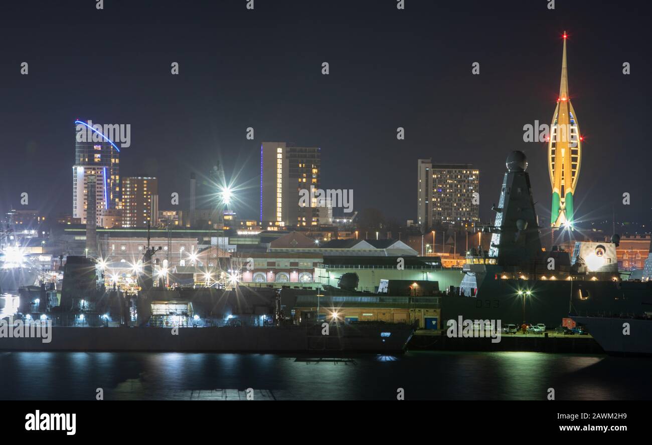HMNB Portsmouth Her Majesty's Dockyard Portsmouth at night with Royal ...