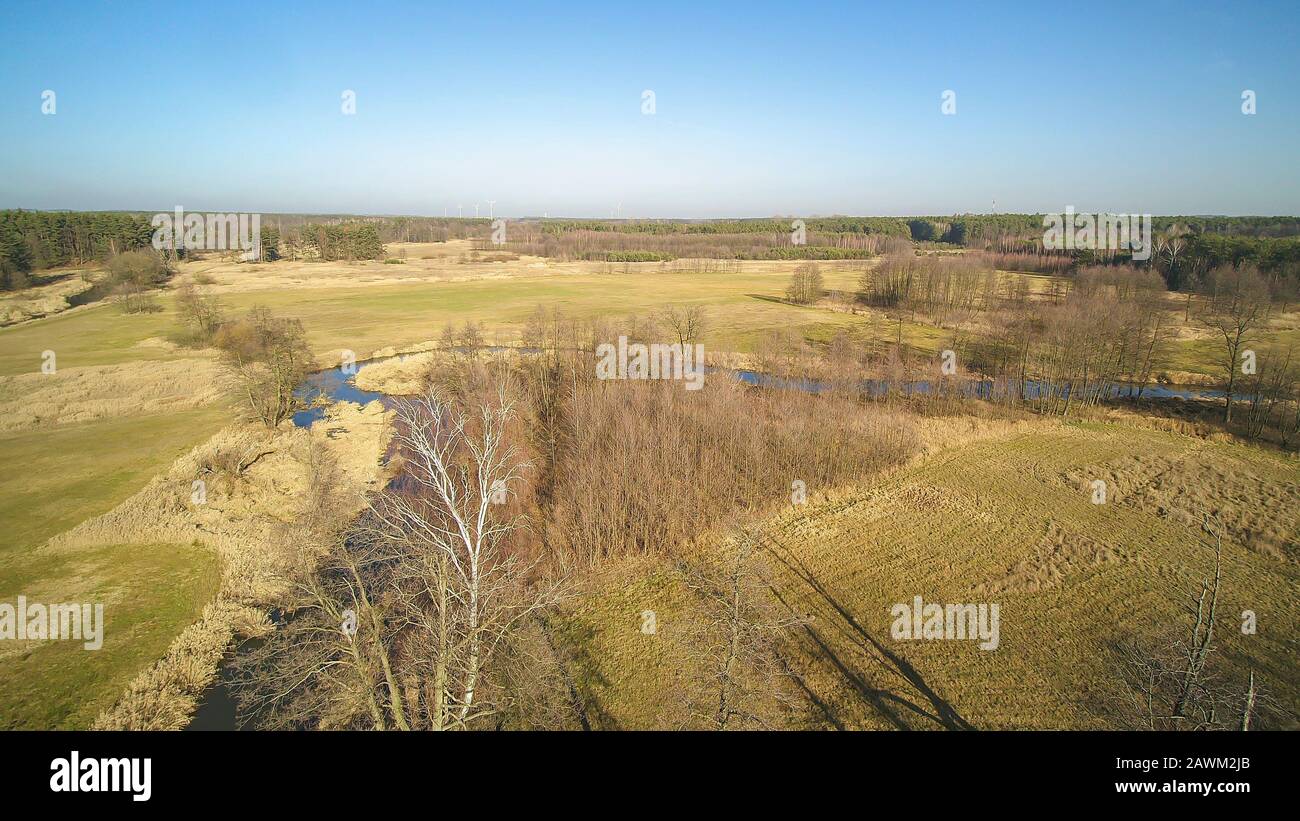 Landscape from a drone showing the river Grabia, Poland – 2020 Stock ...