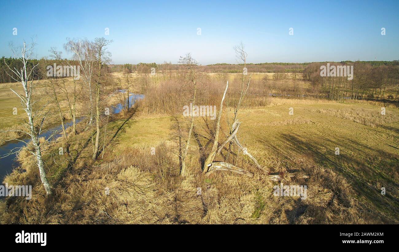 Landscape from a drone showing the river Grabia, Poland – 2020 Stock ...
