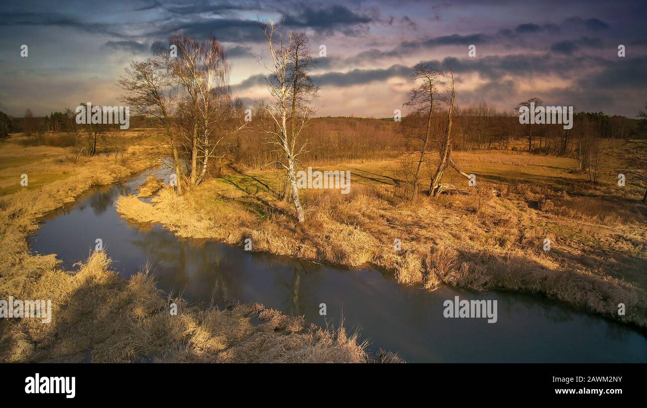 Landscape from a drone showing the river Grabia, Poland – 2020 Stock ...