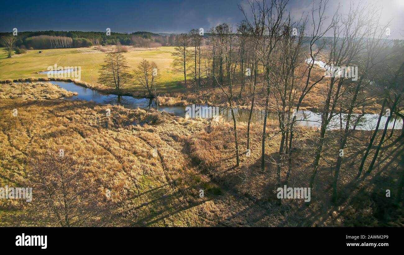 Landscape from a drone showing the river Grabia, Poland – 2020 Stock ...
