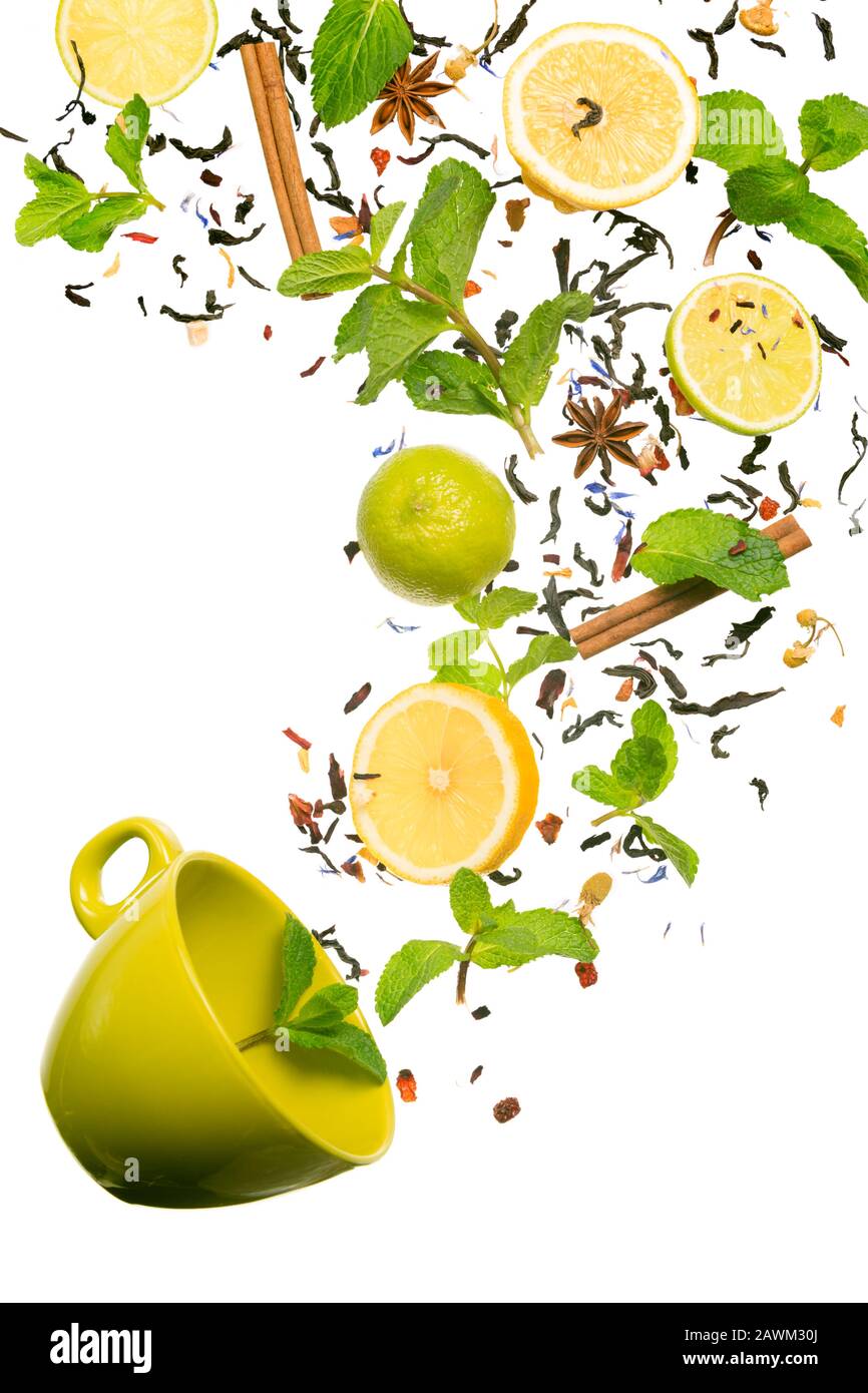 Tea falling down to the cup. Levitating tea. Concept of tea. Fantasy ...