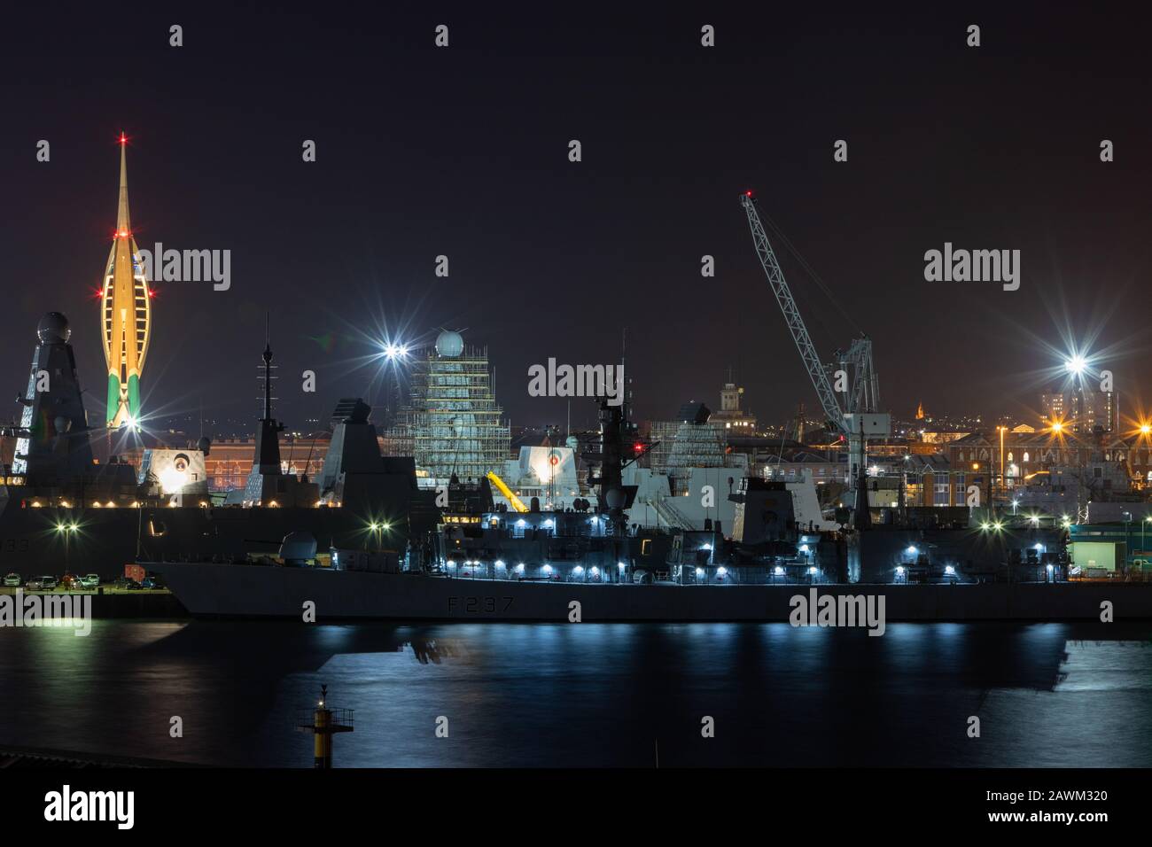 HMNB Portsmouth Her Majesty's Dockyard Portsmouth at night with Royal ...