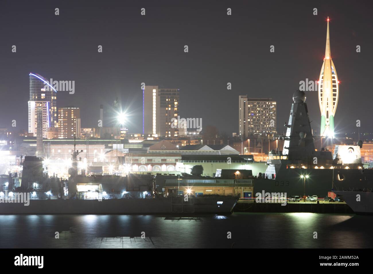 HMNB Portsmouth Her Majesty's Dockyard Portsmouth at night with Royal ...