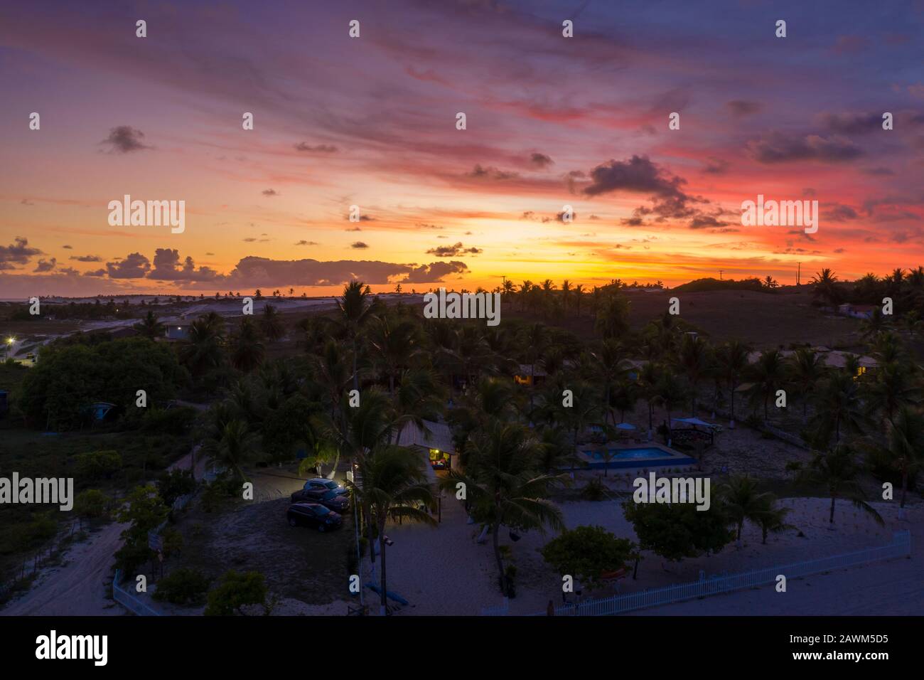Aerial night photography of Poussada O FORTE at Rio real beach side in ...