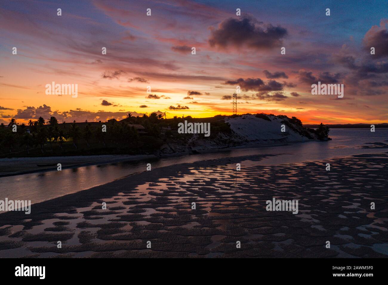 aerial night photography of rio Real beach side at Mangue Seco Stock ...