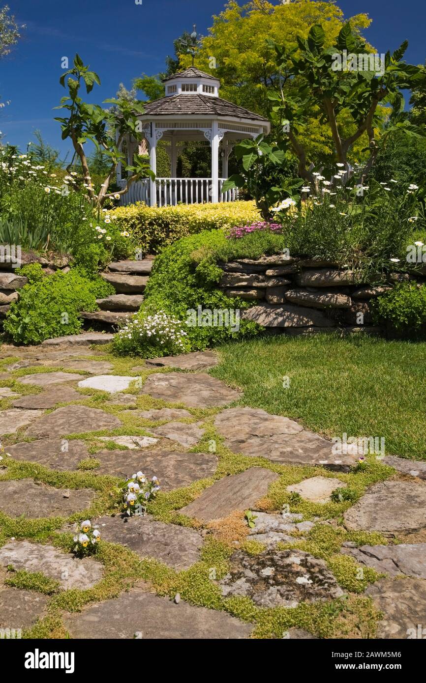 Flagstone path and steps in raised natural stone borders with white ...