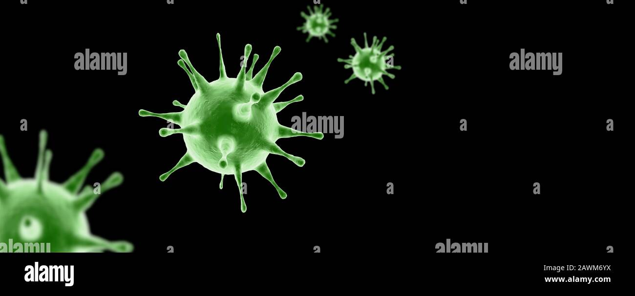 Microscopic view of influenza virus cells. 3D medical illustration ...