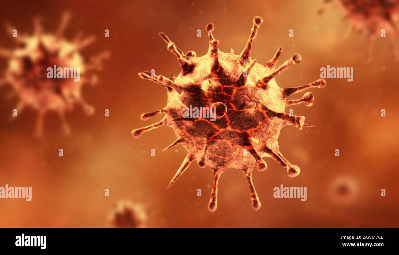 Microscopic view of influenza virus cells. 3D medical illustration ...