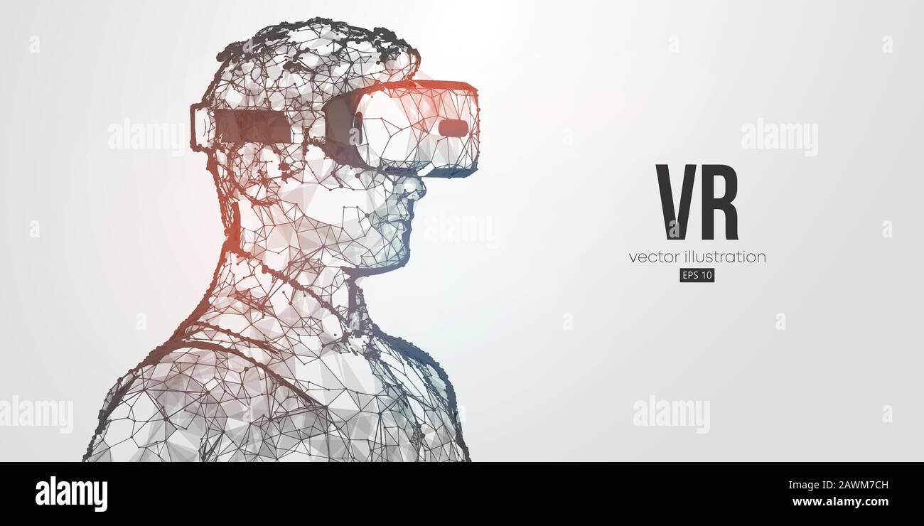 VR headset holographic low poly wireframe vector. Polygonal man wearing ...